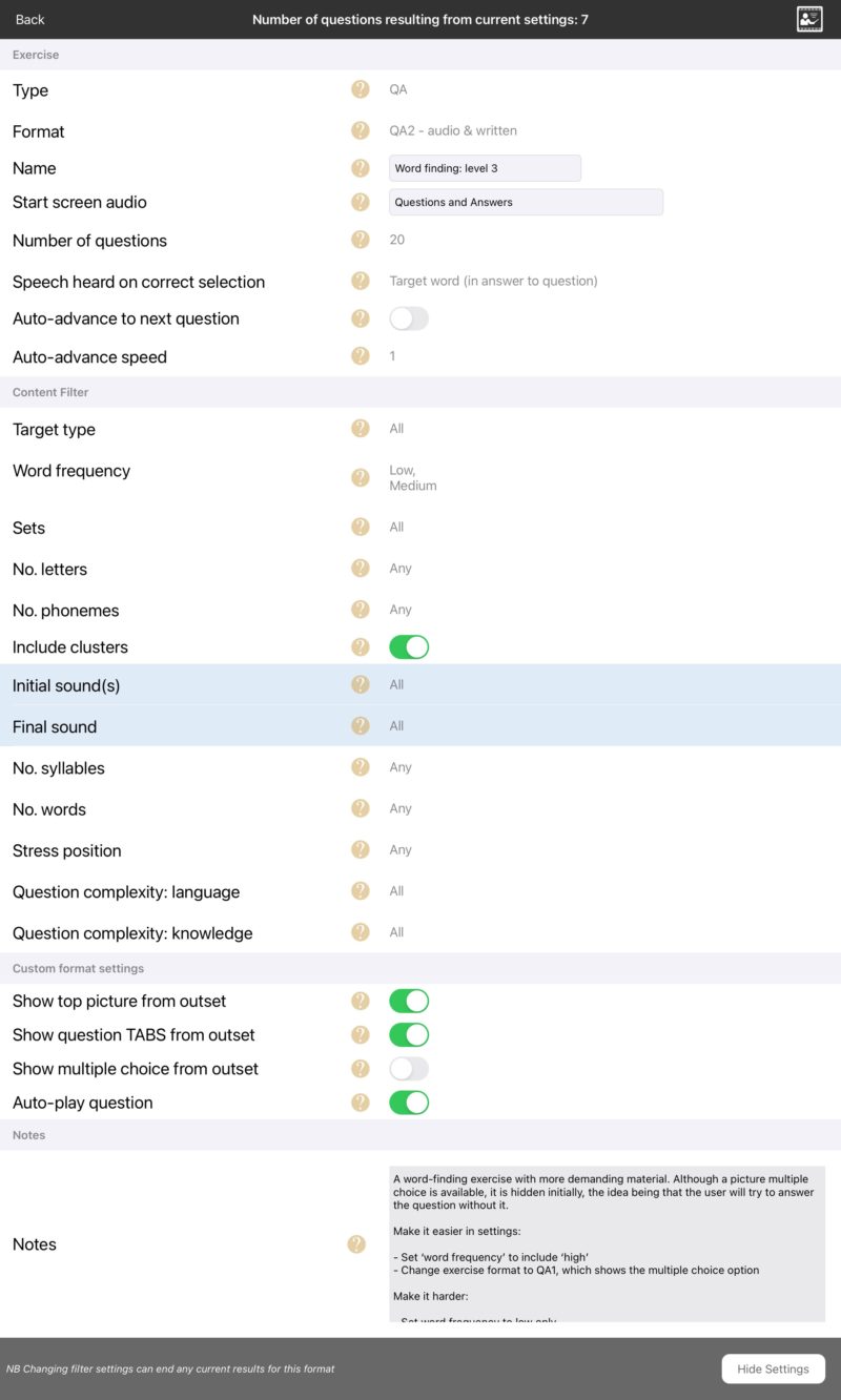 Configuring exercises - Cuespeak