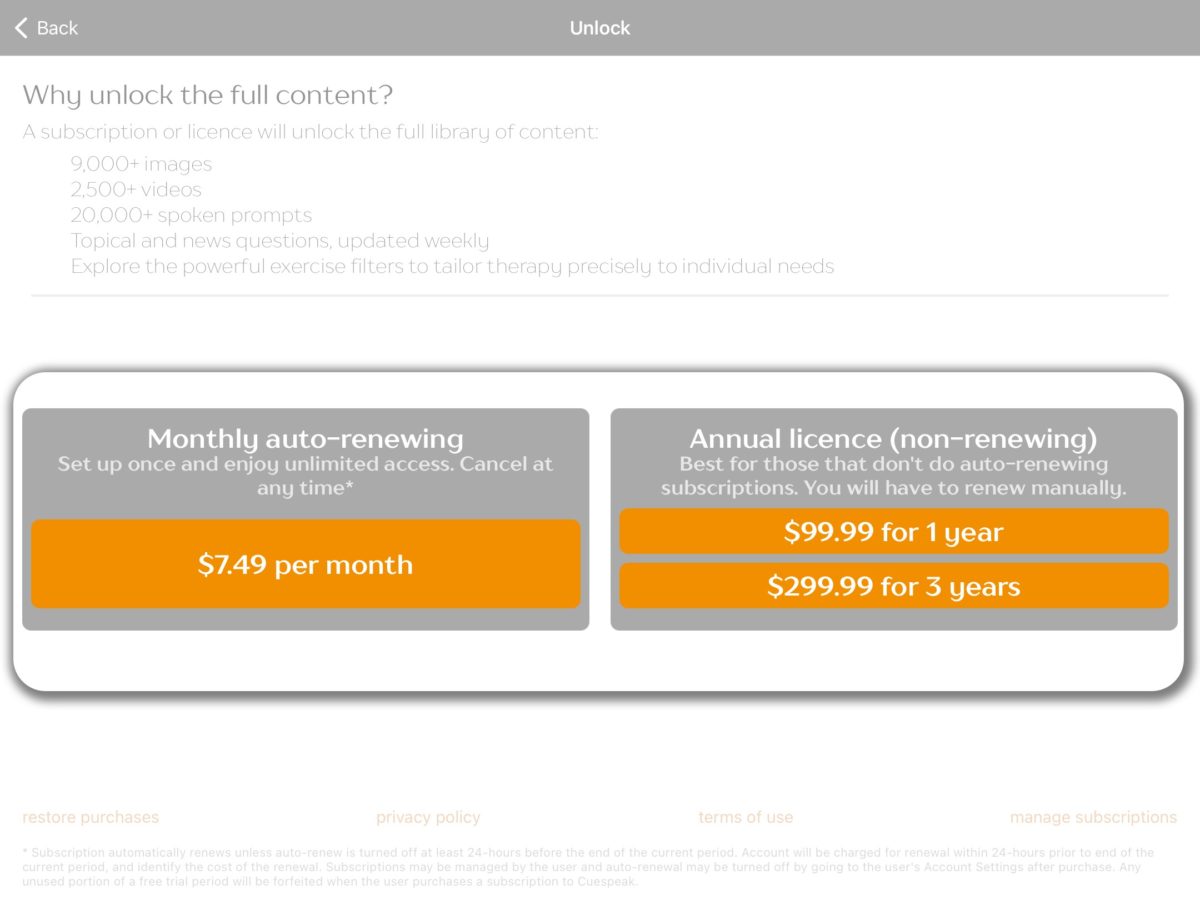 Subscription options - Cuespeak