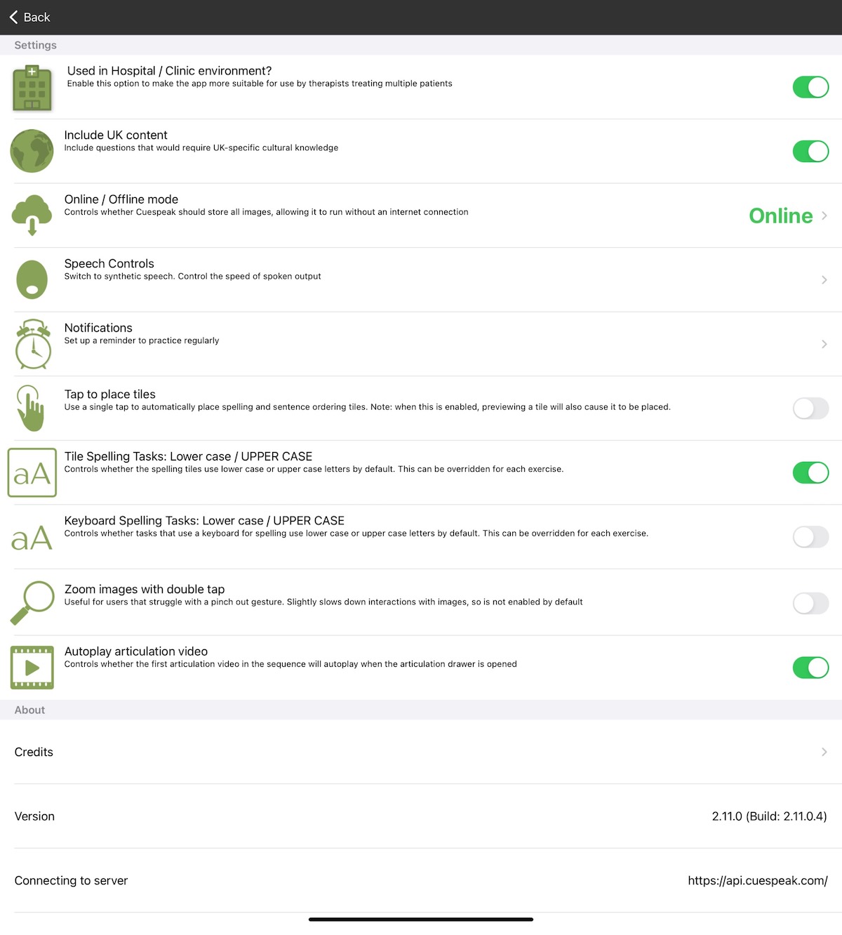 App settings - Cuespeak